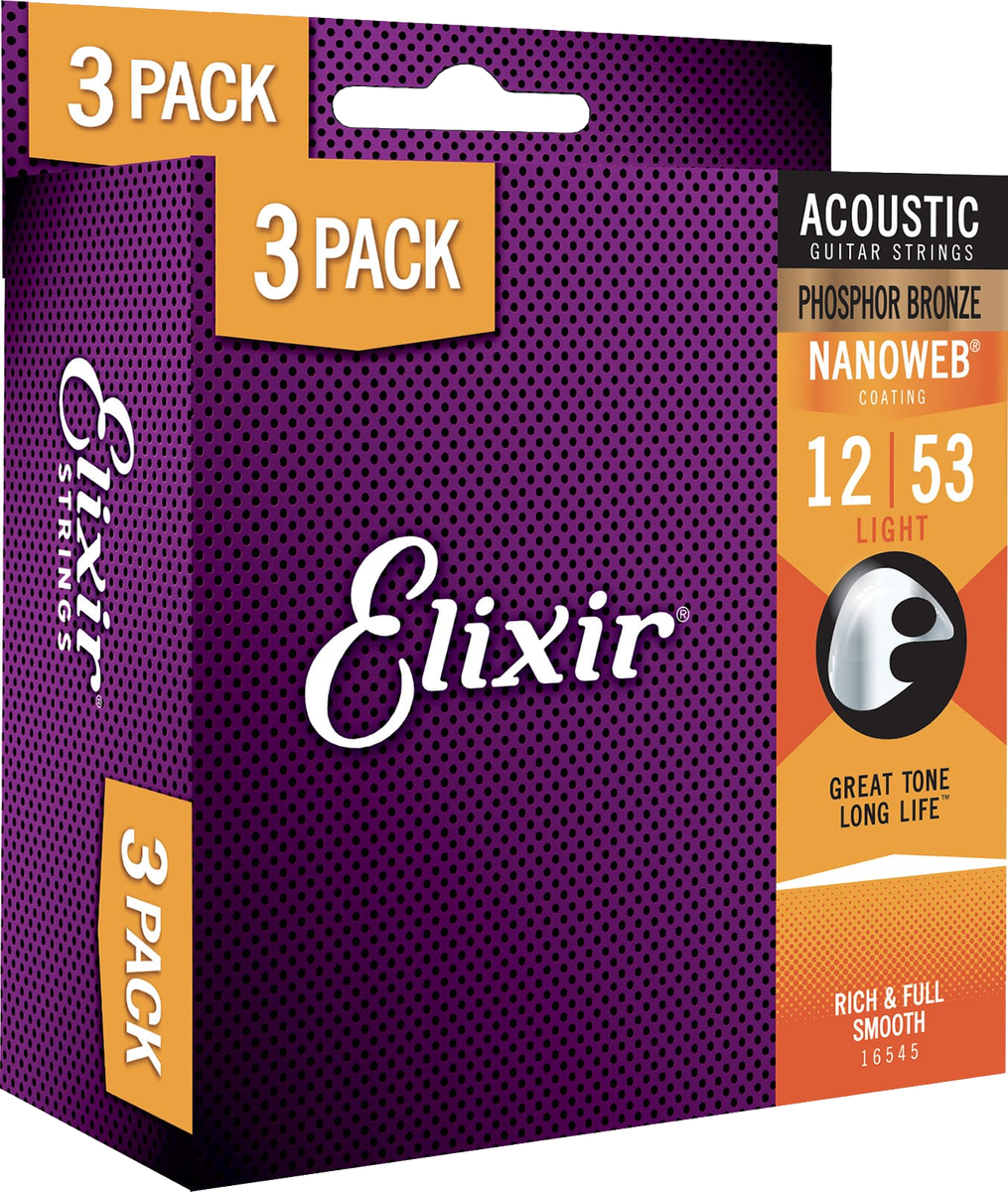Elixir Nanoweb 12-53 Acoustic Phosphor Bronze Light 3-Pack | Power Sound